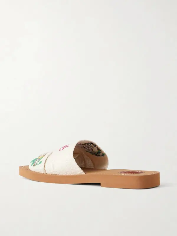 Chloé Embroidered Raffia And Leather Slides - Neutrals