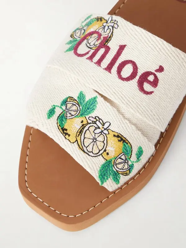 Chloé Embroidered Raffia And Leather Slides - Neutrals