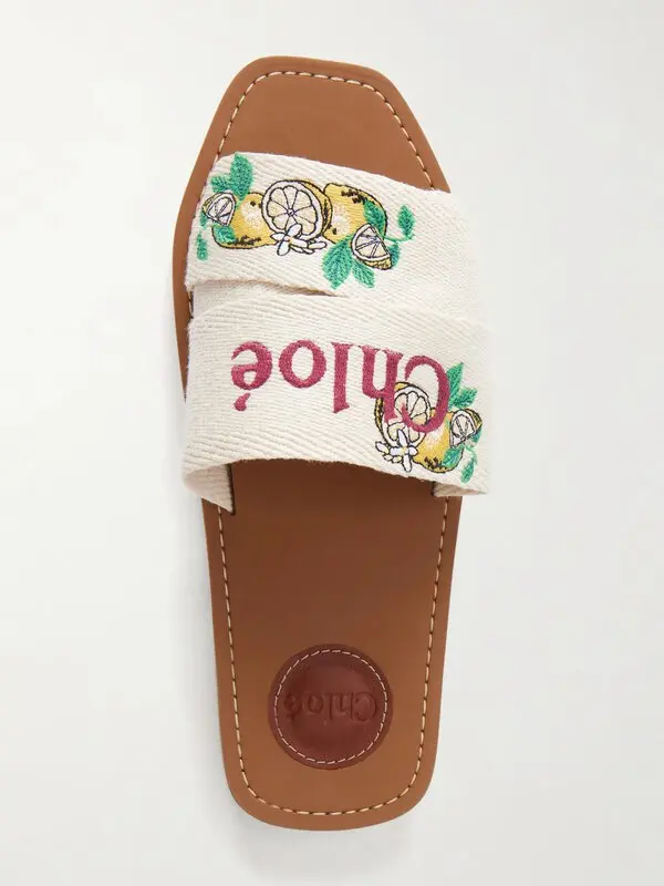 Chloé Embroidered Raffia And Leather Slides - Neutrals