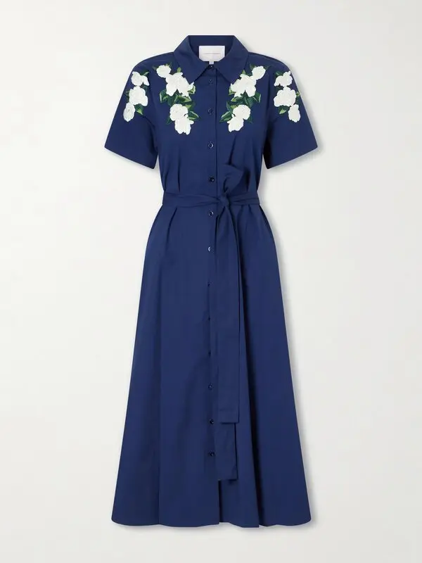 Carolina Herrera Belted Floral Embroidered Cotton-blend Midi Dress