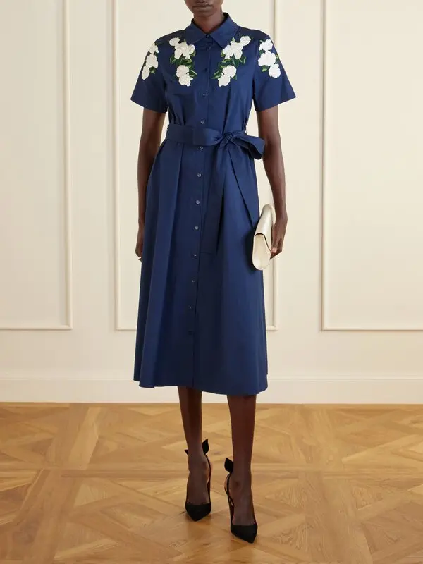 Carolina Herrera Belted Floral Embroidered Cotton-blend Midi Dress