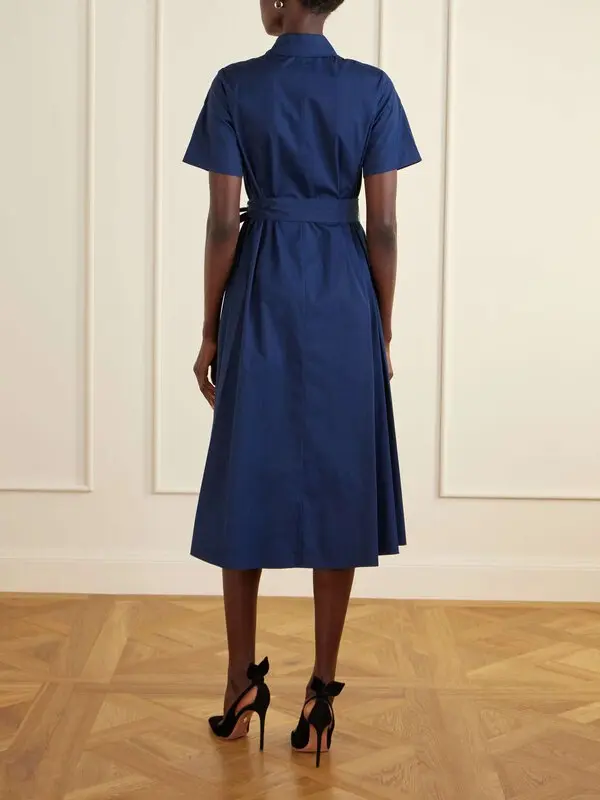 Carolina Herrera Belted Floral-Embroidered Cotton-Blend Midi Dress - Navy |  Editorialist