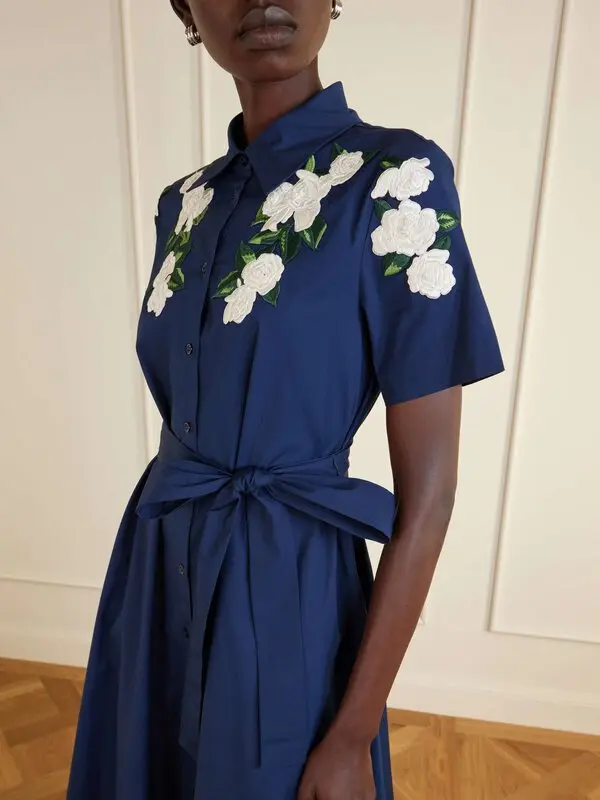 Carolina Herrera Belted Floral-Embroidered Cotton-Blend Midi Dress - Navy |  Editorialist