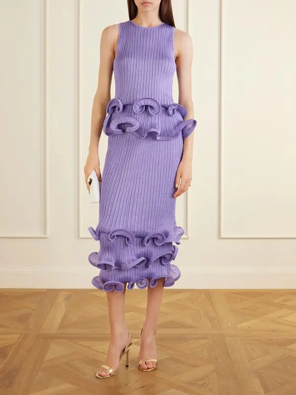 Carolina Herrera Tiered Ruffled Ribbed-knit Midi Skirt