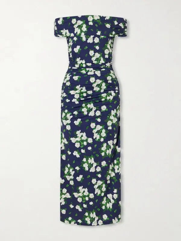Carolina Herrera Off-shoulder Floral Print Gathered Satin Midi Dress