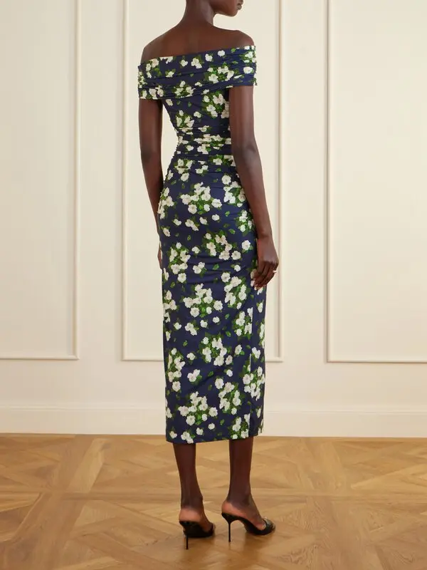 Carolina Herrera Off-shoulder Floral Print Gathered Satin Midi Dress