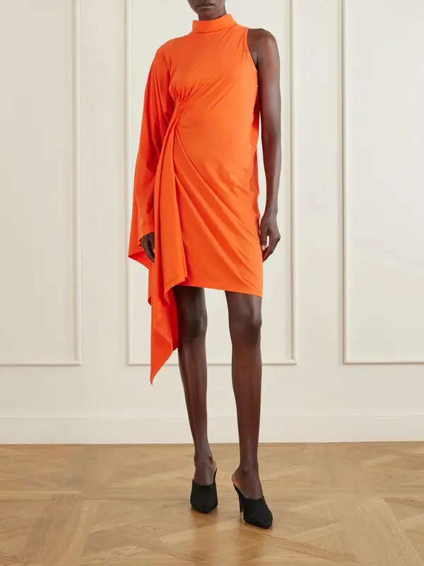 Balenciaga One-sleeve Draped Cotton-jersey Mini Dress