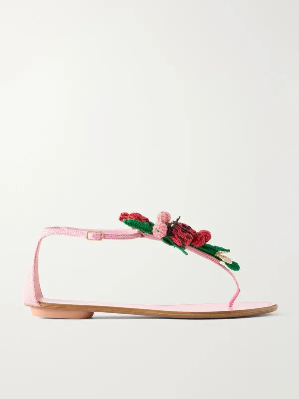 AQUAZZURA Botanica Embellished Leather And Raffia Thong Sandals - Pink