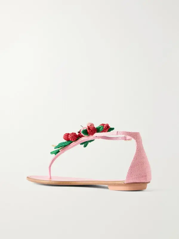 AQUAZZURA Botanica Embellished Leather And Raffia Thong Sandals - Pink