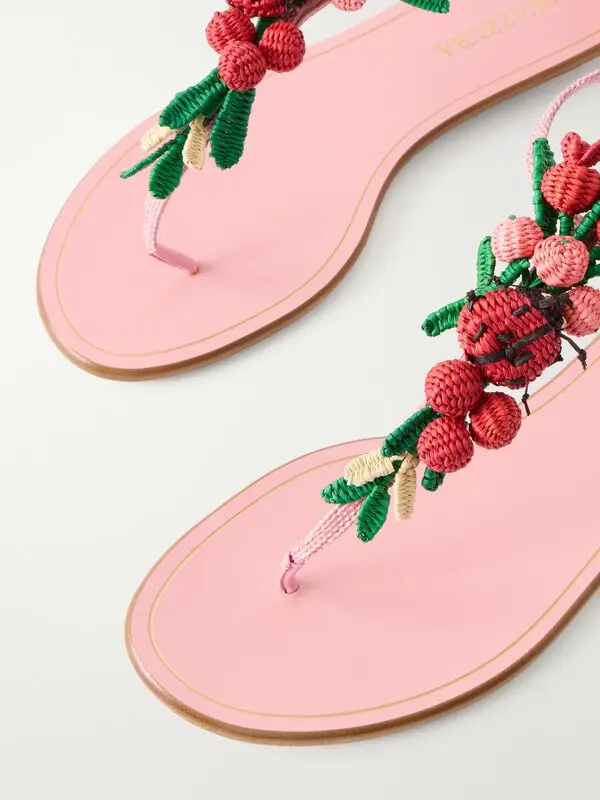 AQUAZZURA Botanica Embellished Leather And Raffia Thong Sandals - Pink