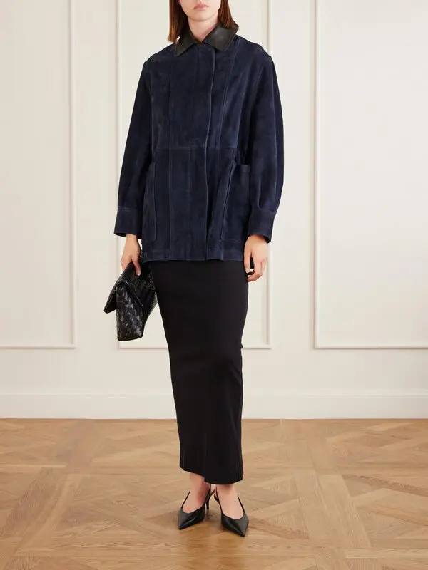 Nour Hammour Grange Gathered Suede Jacket With Leather Trim - Blue