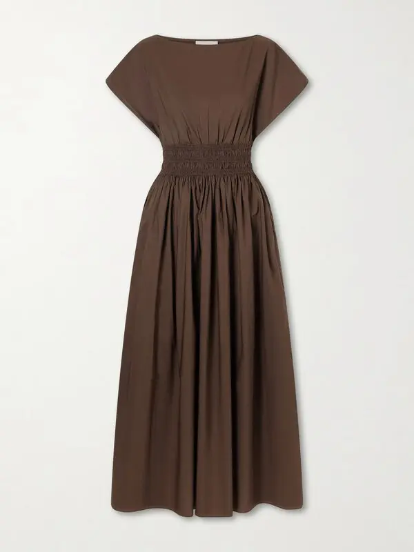 Matteau Shirred Organic Cotton-poplin Maxi Dress - Brown