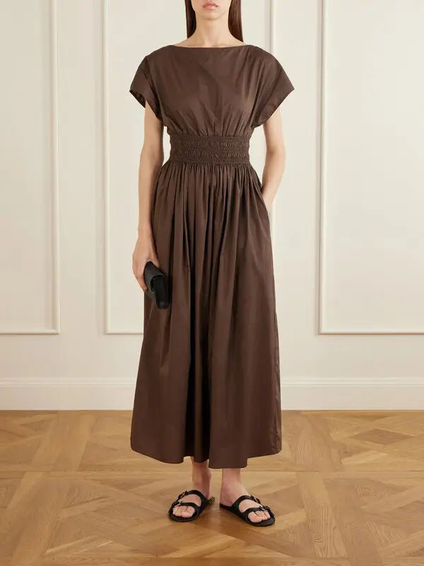 matteau dress brown Matteau Strapless Gathered Organic Cotton-poplin Midi Dress - Women - Chocolate Dresses