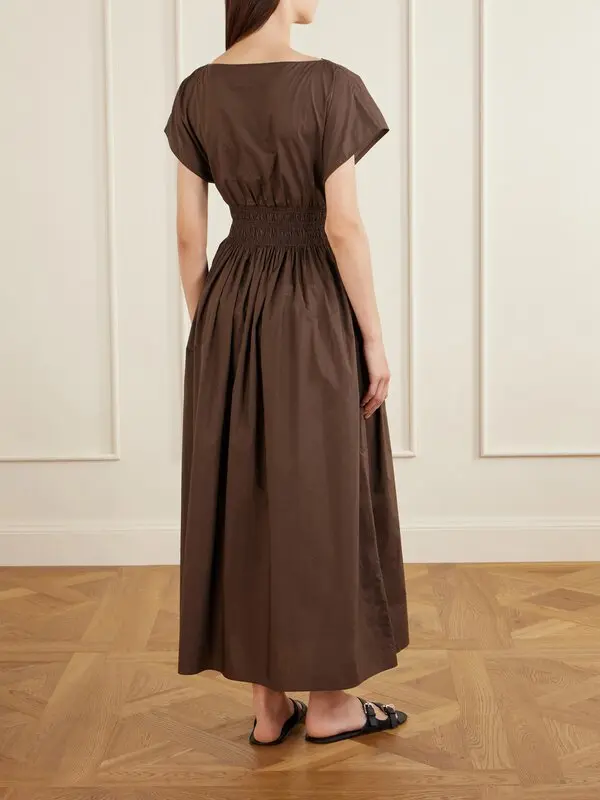 Matteau Shirred Organic Cotton-poplin Maxi Dress - Brown