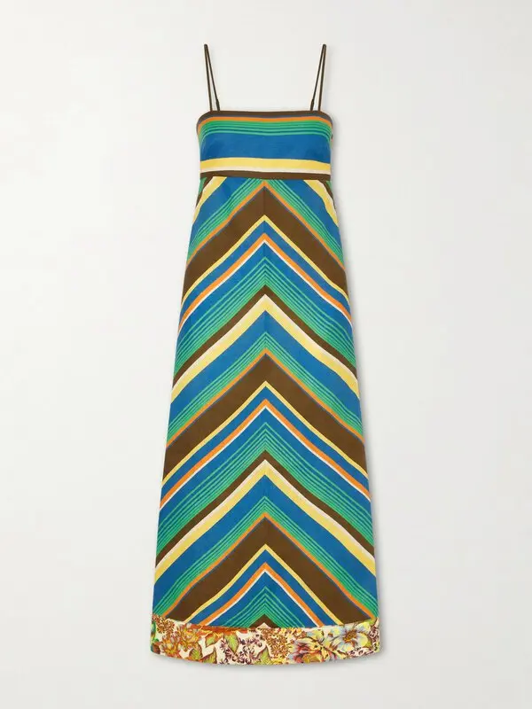 ALEMAIS Charlie Striped Linen Midi Dress With Floral Print Hem - Multi