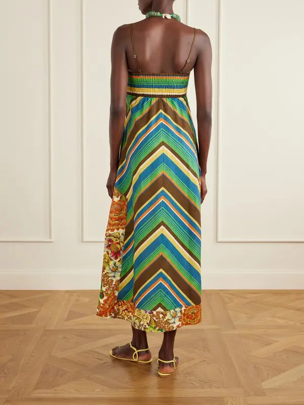 ALEMAIS Charlie Striped Linen Midi Dress With Floral Print Hem - Multi