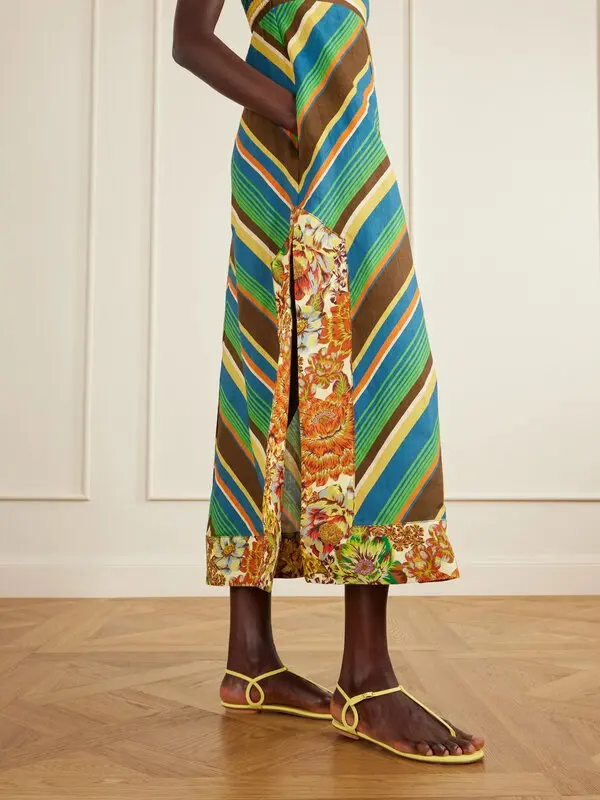 ALEMAIS Charlie Striped Linen Midi Dress With Floral Print Hem - Multi