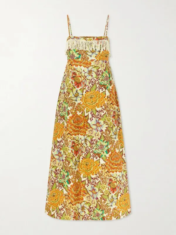 ALEMAIS Lana Fringed Floral-print Linen Midi Dress - Yellow
