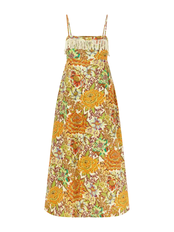ALEMAIS Lana Fringed Floral-print Linen Midi Dress - Yellow