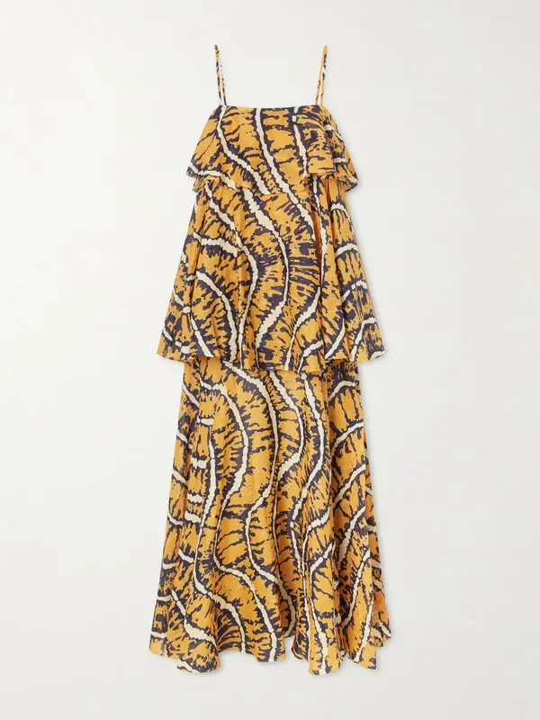 ALEMAIS Ripple Tiered Printed Ramie Maxi Dress - Yellow