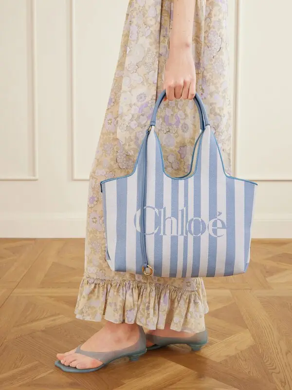 Chloé Striped Canvas Shoulder Bag With Leather Trim