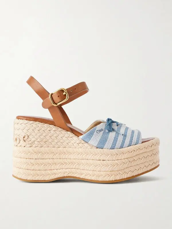 Chloé Striped Canvas Platform Sandals With Leather Trim - Blue