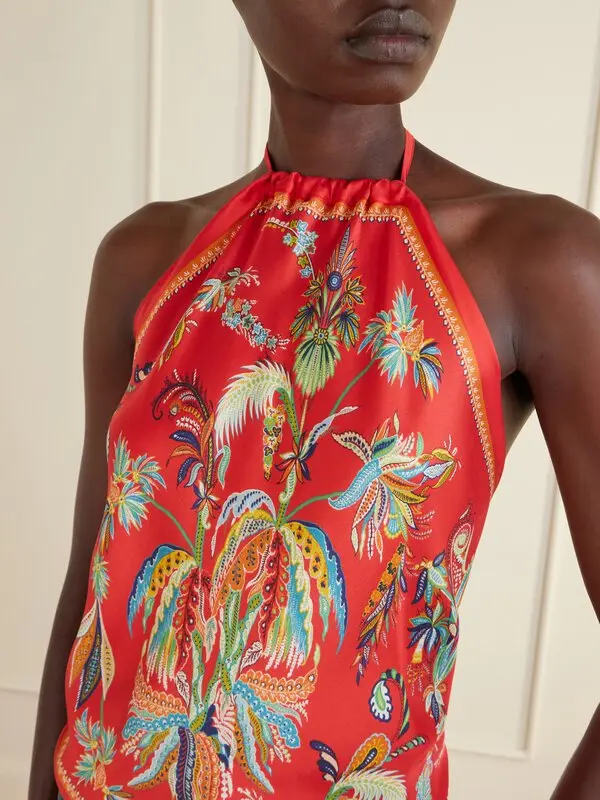 Etro Printed Silk-satin Halterneck Top