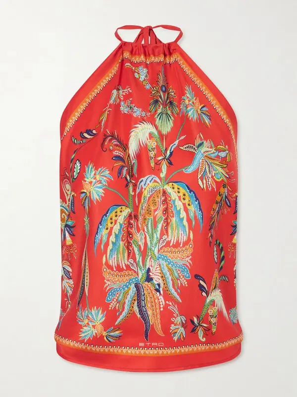 Etro Printed Silk-satin Halterneck Top - Red