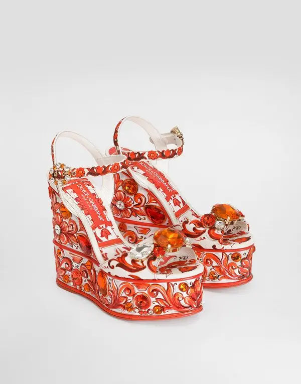 Dolce & Gabbana Majolica-print Brocade Embellished Wedge Sandals