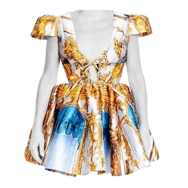 MAXJENNY Print Puff Sleeve Mini Dress - Blue/gold