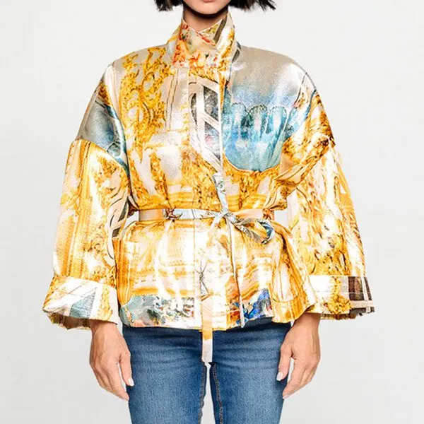 MAXJENNY Square Boxy Jacket En Roof" Printed Metallic Polyester Jacket - Gold