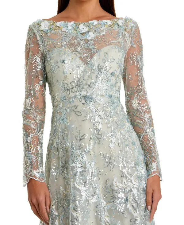 Mac Duggal Floral Embroidered Illusion Long Sleeve Gown