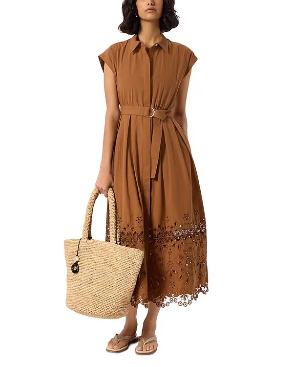 Whistles Cotton Broderie Shirt Dress - Camel