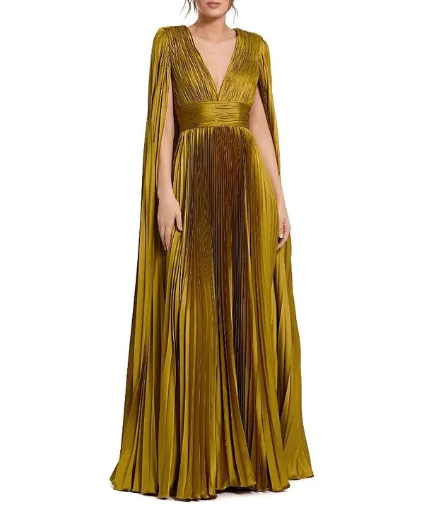 Mac Duggal Pleated Charmeuse Gown With Cape Sleeves - Chartreuse
