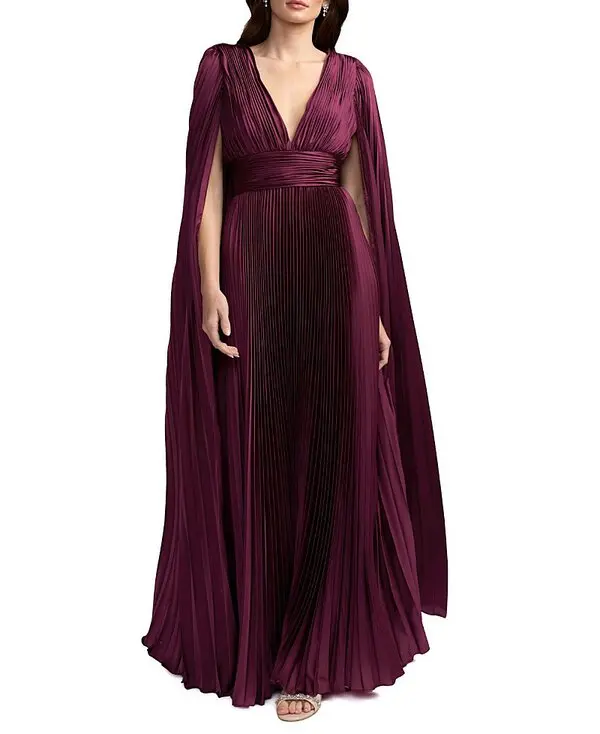 Mac Duggal Pleated Charmeuse Gown With Cape Sleeves - Plum