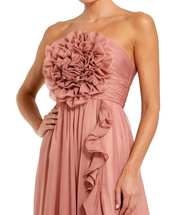 Mac Duggal Strapless Chiffon Gown With Oversized 3d Flower Applique
