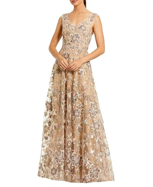 Mac Duggal Sleeveless V-neck Gown With Floral Embroidery