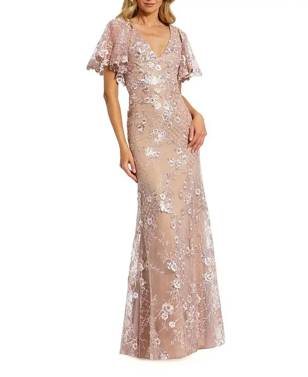 Mac Duggal Embellished Lace Butterfly Sleeve Gown