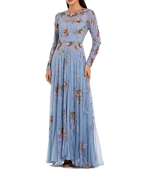 Mac Duggal Long Sleeve Embellished Floral A-line Gown