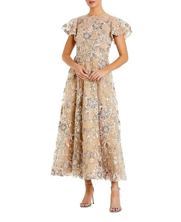 Mac Duggal Embroidered Floral Mesh A-line Midi Dress
