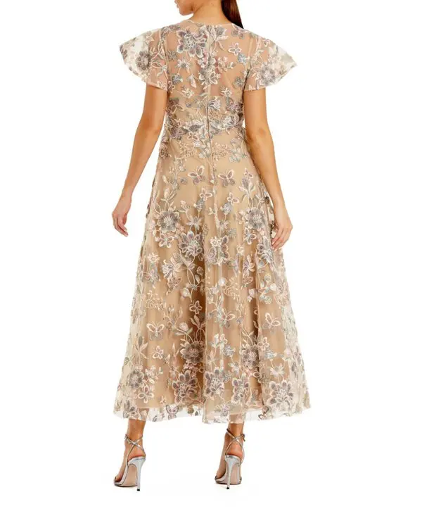 Mac Duggal Embroidered Floral Mesh A-line Midi Dress
