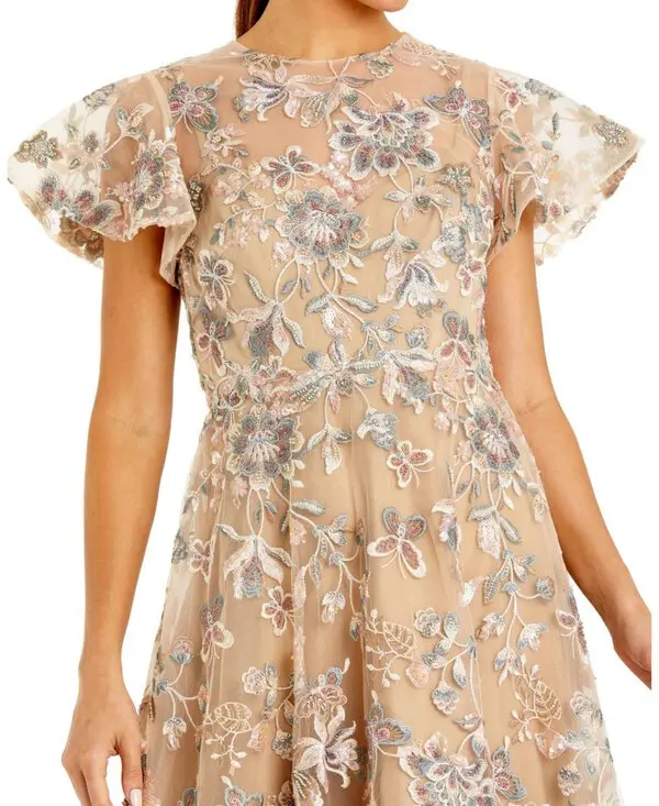 Mac Duggal Embroidered Floral Mesh A-line Midi Dress