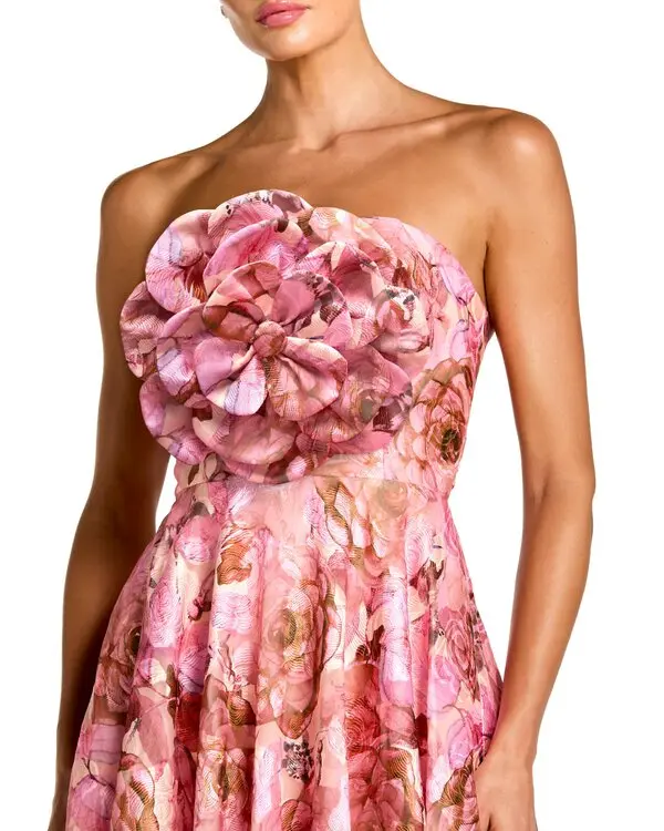 Mac Duggal Strapless Floral Printed A-line Gown With 3d Flower Embellishment