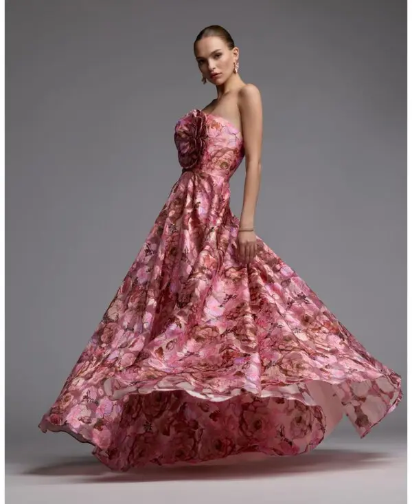 Mac Duggal Strapless Floral Printed A-line Gown With 3d Flower Embellishment