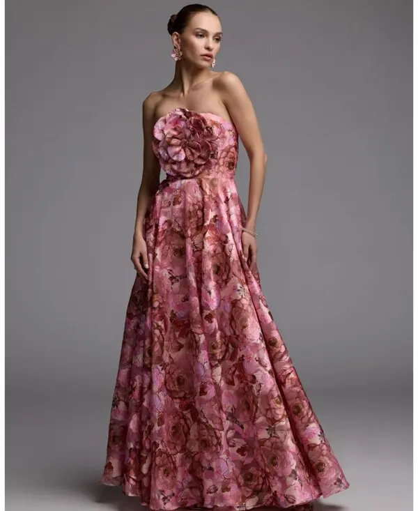 Mac Duggal Strapless Floral Printed A-line Gown With 3d Flower Embellishment