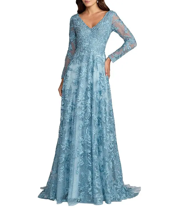 Mac Duggal Embellished Illusion Long Sleeve Gown - French Blue