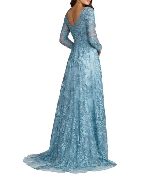 Mac Duggal Embellished Illusion Long Sleeve Gown - French Blue