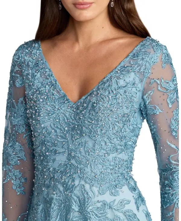 Mac Duggal Embellished Illusion Long Sleeve Gown - French Blue