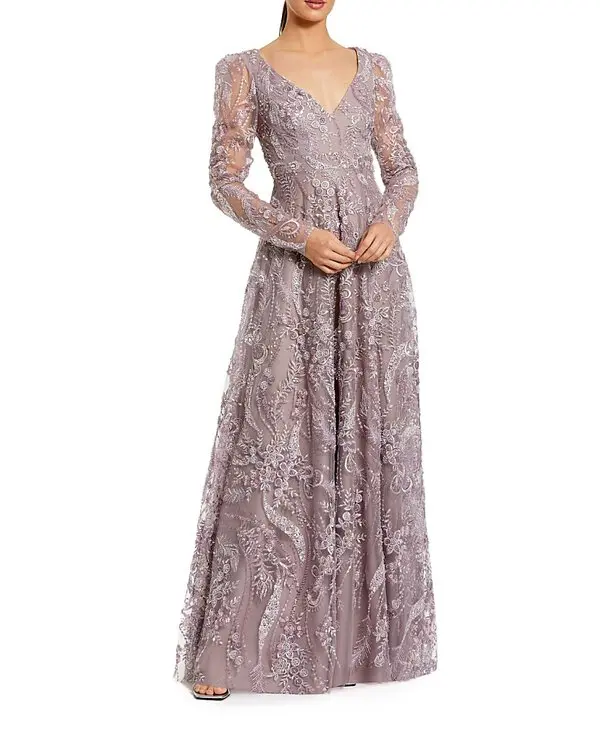 Mac Duggal Floral Embroidered V Neck Long Sleeve Gown - Vintage Lilac