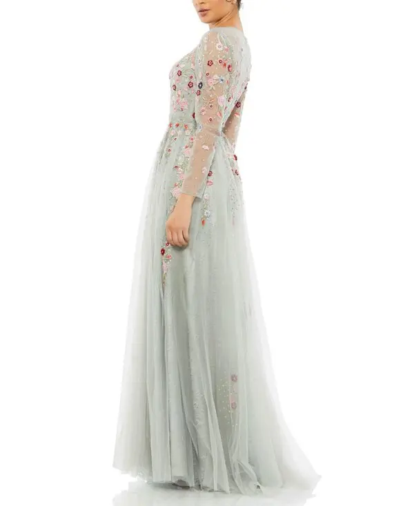 Mac Duggal Embroidered Illusion High Neck Long Sleeve A-line Gown